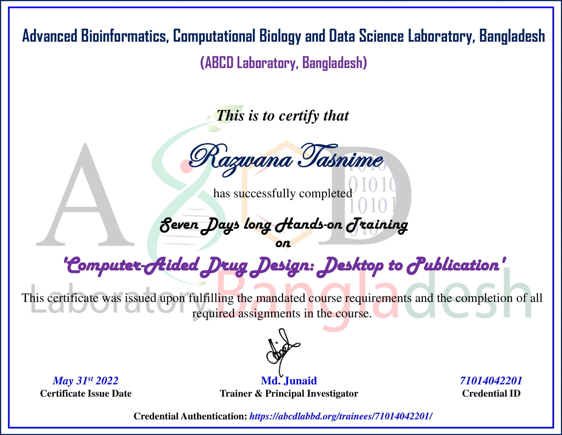 Razwana Tasnime – ABCD Laboratory, Bangladesh